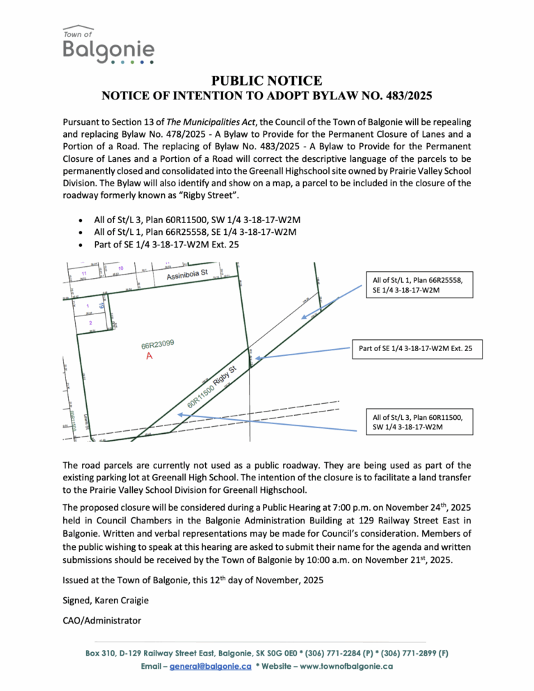 NOTICE OF INTENTION TO ADOPT BYLAW NO. 483/2025 | Town of Balgonie